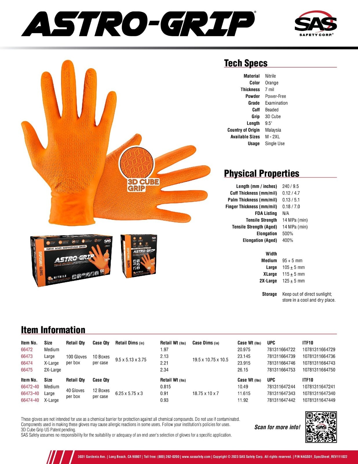 SAS ASTRO GRIP ORANGE Powder Free Nitrile Gloves Mechanics Tattoo 7 MIL ...