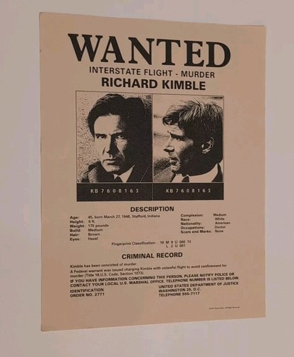 The Fugitive Richard Kimble Wanted Poster Marketing 1993 Harrison Ford ...