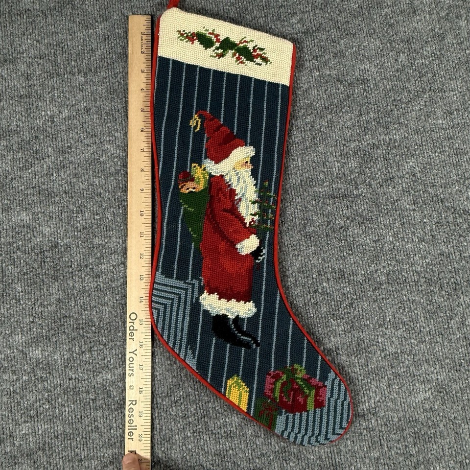Vintage Needlepoint Christmas Stocking Wool Santa St Nick Tree Gifts ...