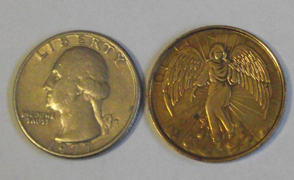 Vtg Gold tone double sided Guardian Angel pocket protection coin token ...