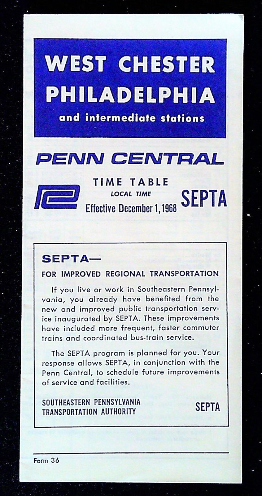 Penn Central Timetable West Chester Philadelphia, Form 36 Eff December ...