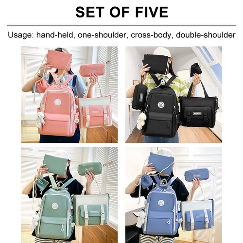 5pcs School Bookbags Canvas Patchwork Handbag Large Capacity Soft ...