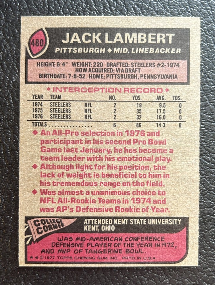 Jack Lambert 1977 Topps Card # 480 Steelers HOF NM | eBay