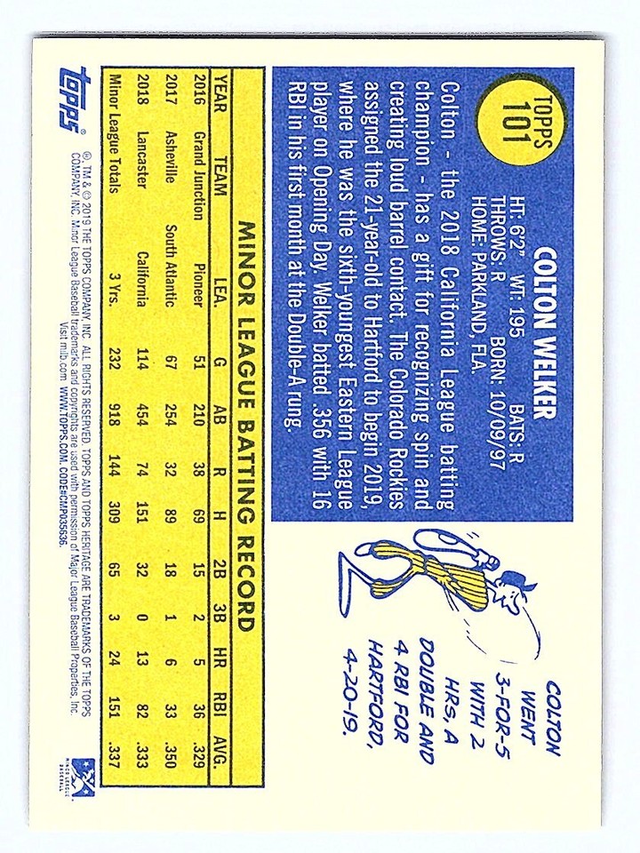 2019 Topps Heritage Minor League Colton Welker #101 Hartford Yard Goats ...