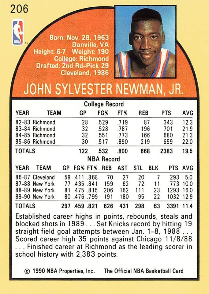 1990 Hoops #206 Johnny Newman New York Knicks | eBay