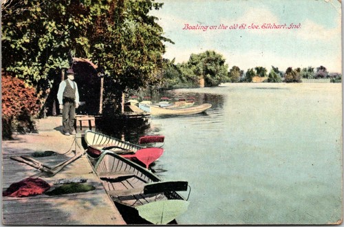 Postcard IN Elkhart; Boating on the Old St. Joseph River; Wooden Boats ...