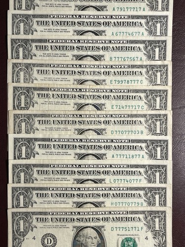 Lot of 10, 5 of a Kind 7s, $1 One Dollar Bill, Fancy Serial Number ...