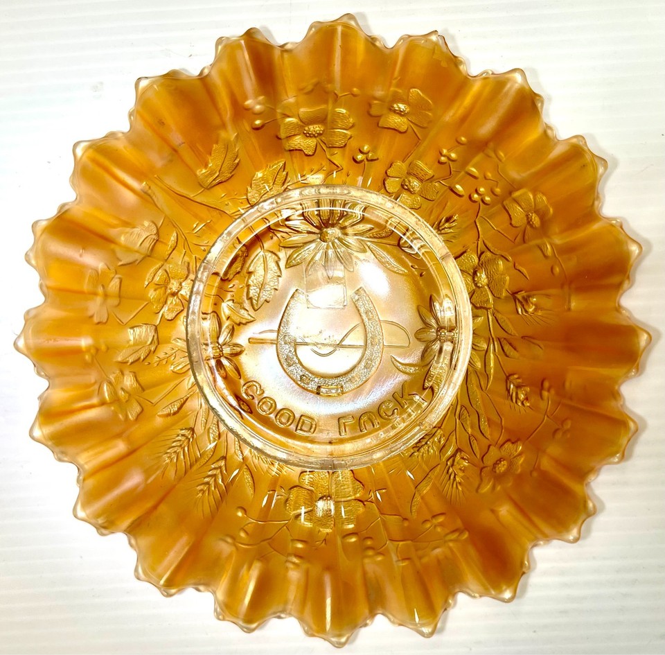Northwood Carnival Glass Dark Marigold -GOOD LUCK- Bowl/ see *descrip ...