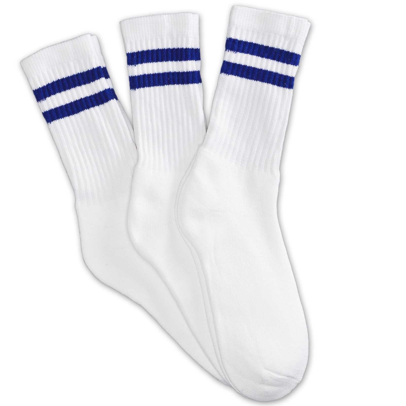 12 Pairs 1 Dozen Crew White Socks with 2 Blue Stripes Classic Retro Old ...