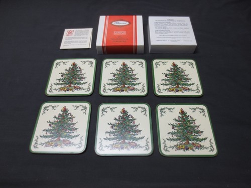 PIMPERNEL SPODE CHRISTMAS TREE COASTER SET (6) 4" SQUARE CORK BACKED ...