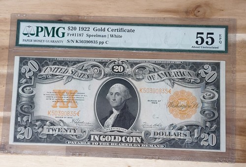 1922 $20 GOLD CERTIFICATE FR#1187 PMG AU 55 EPQ Speelman / White | eBay
