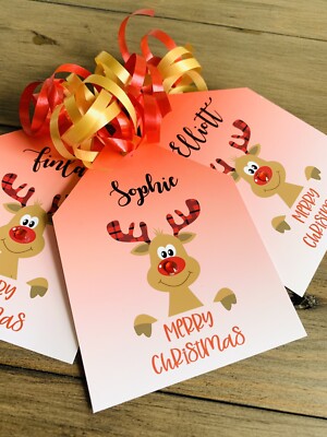 10 x Personalised Red Rudolf Themed Christmas gift tags gift labels ...