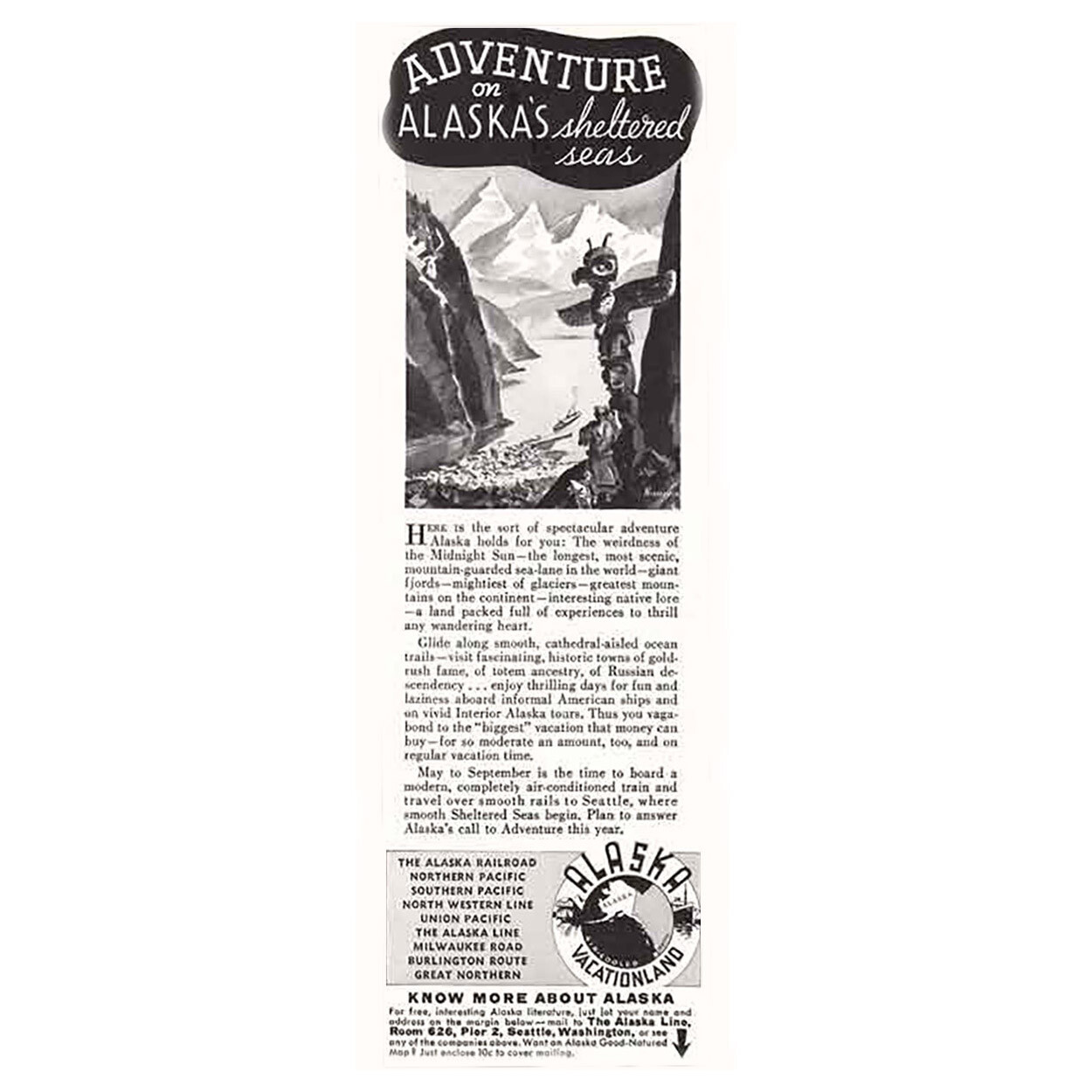 1936 Alaska: Adventure in Alaska's Sheltered Seas Vintage Print Ad | eBay
