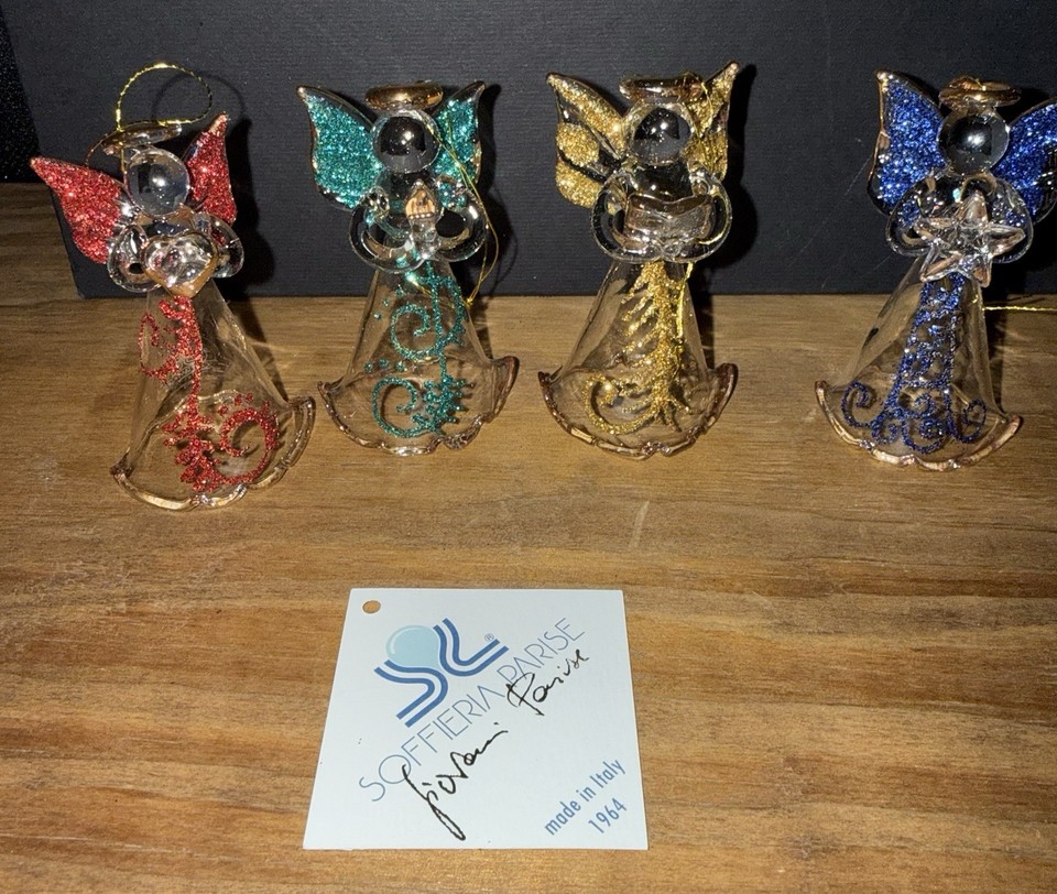 SET OF FOUR SOFFIERIA PARISE BLOWN GLASS ANGEL ORNAMENTS DATED 1964 ...
