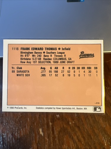 Frank Thomas 1990 ProCards Minor League RC #1116 Birmingham Barons NM ...