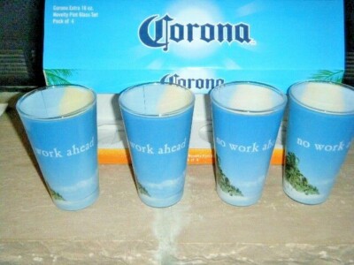CORONA EXTRA "NO WORK AHEAD" 16 OZ PINT BEER GLASS GLASSES SET X 4 FULL ...