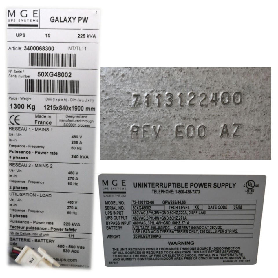APC MGE 72-130113-00 Galaxy PW 225kVA 480/480 UPS w/ 2 MGE Battery ...