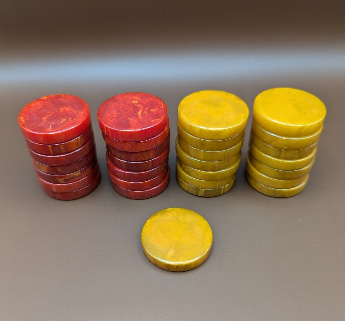 29pcs VTG Bakelite Backgammon Red Swirl yellow Butterscotch Tiles D31 ...