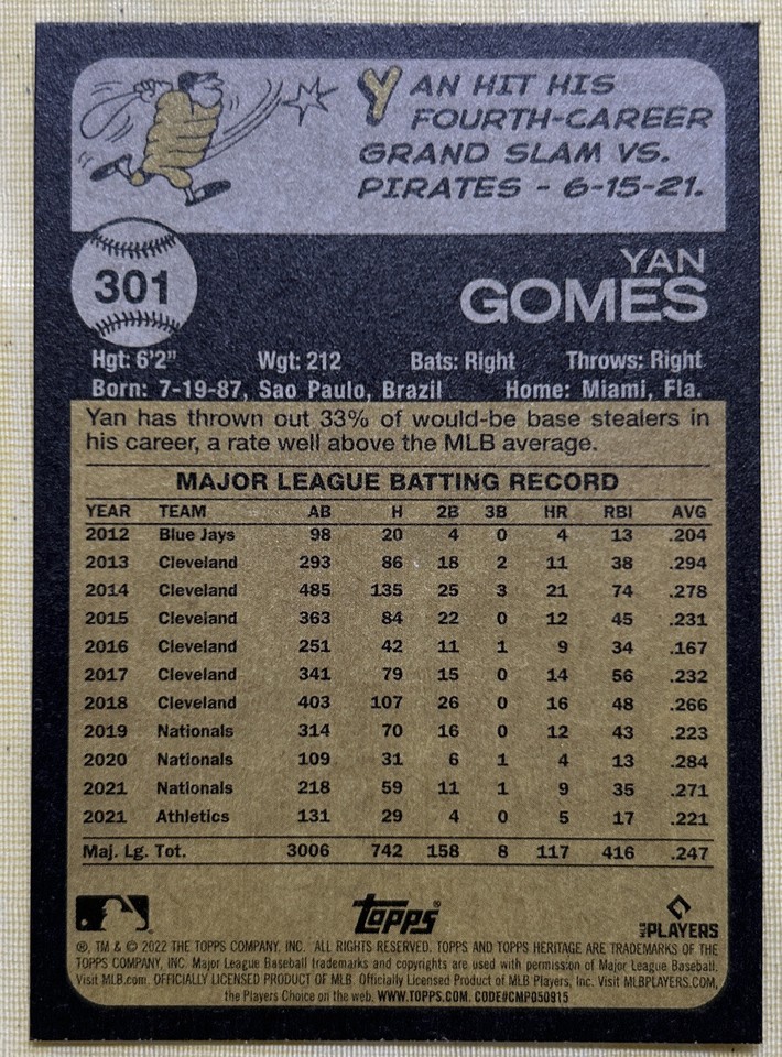 2022 Topps Heritage Yan Gomes Baseball Card #301 Cubs Catcher NM | eBay