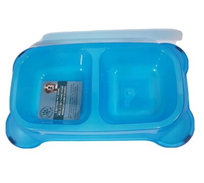 Blue Divided Dog Bowl Non-Skid Food & Water Pet Cat Dish 16oz Double ...