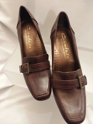 Contesa Brown Genuine Leather Loafers Buckle Block Heels Pumps EUC ...