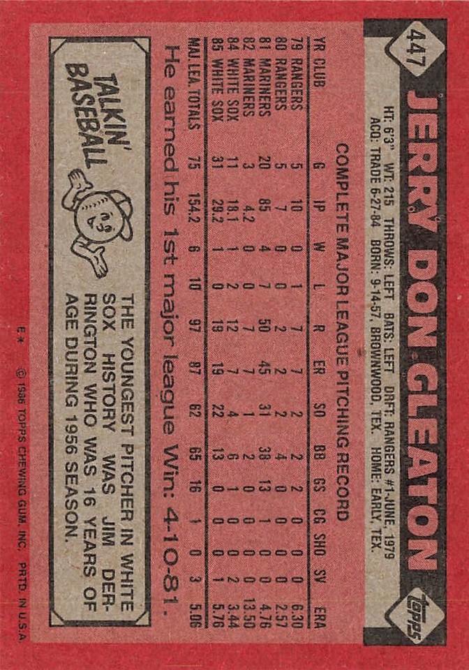 1986 Topps #447 Jerry Don Gleaton Chicago White Sox | eBay