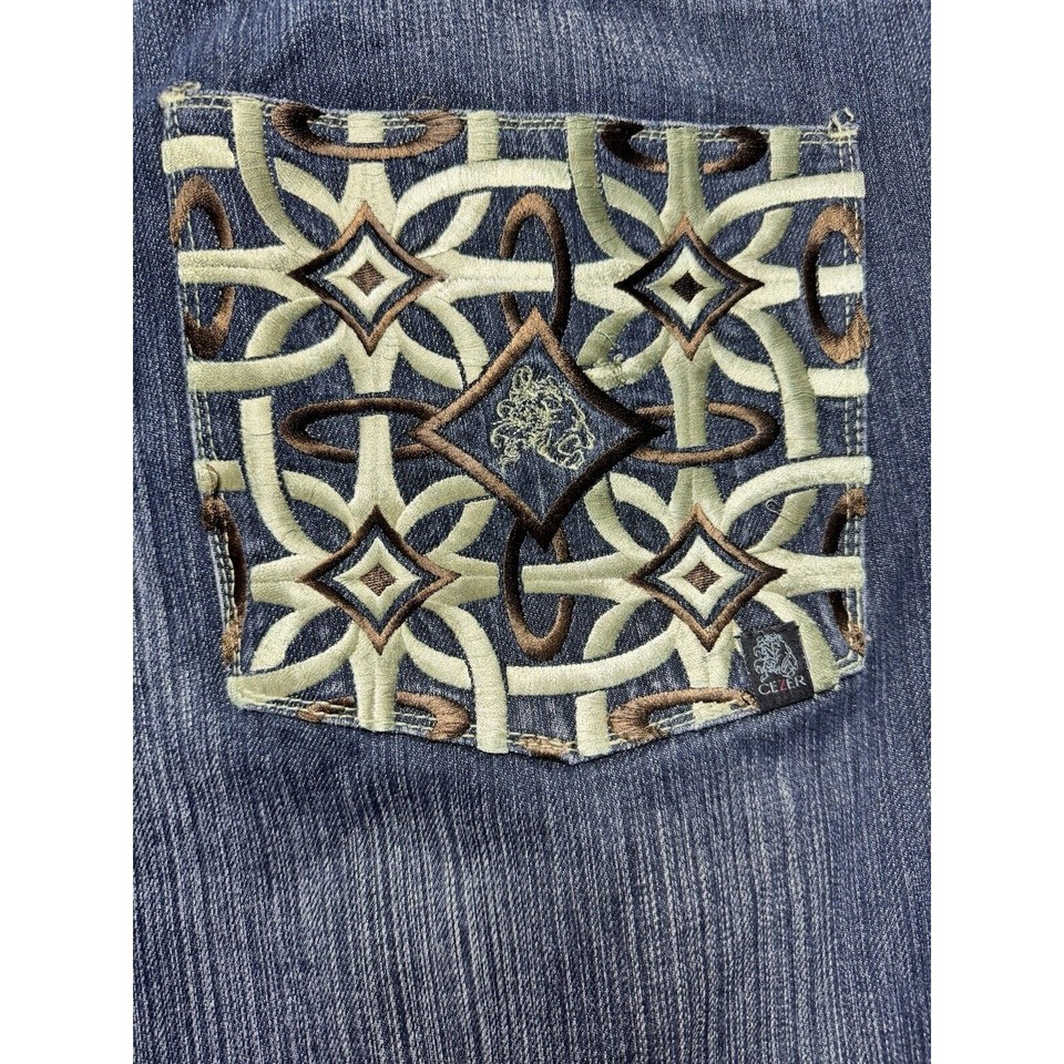 Vintage CEZER Baggy Embroidered Studded Wide Leg Blue Jeans - Size ...
