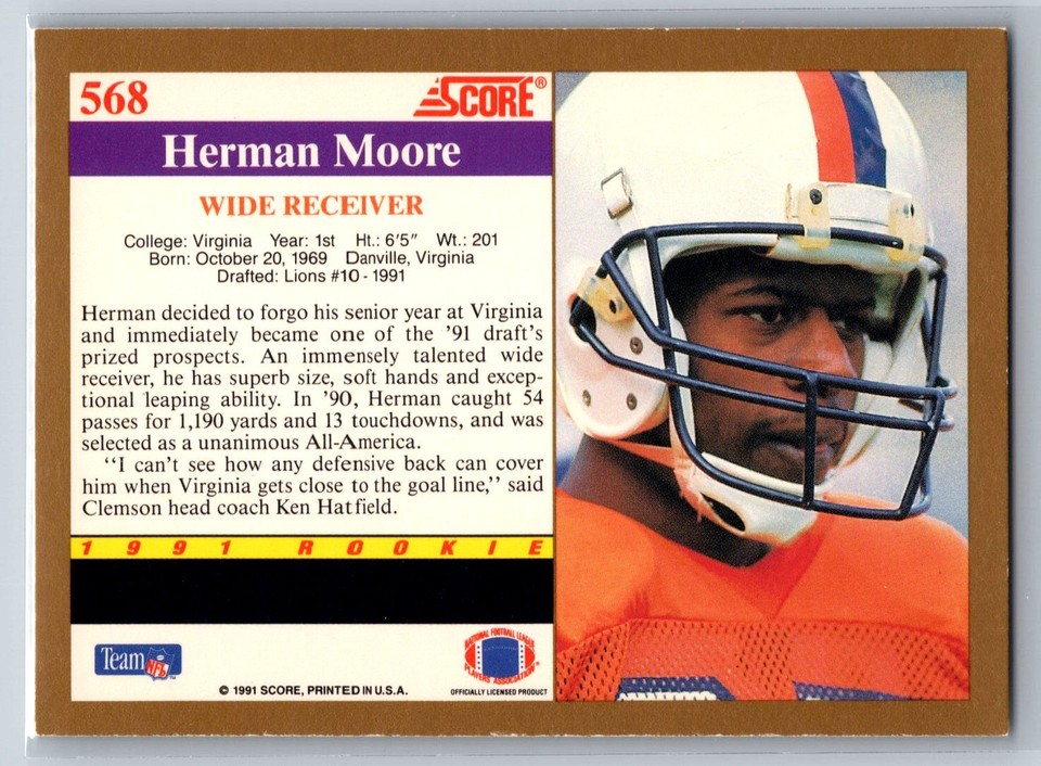 1991 Score Herman Moore Rookie Detroit Lions RC #568 | eBay