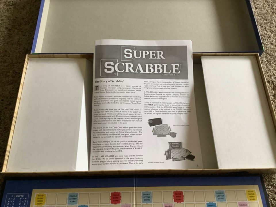 SUPER SCRABBLE Board Game Hasbro 200 Wood Letter Tiles & Bigger Board ...