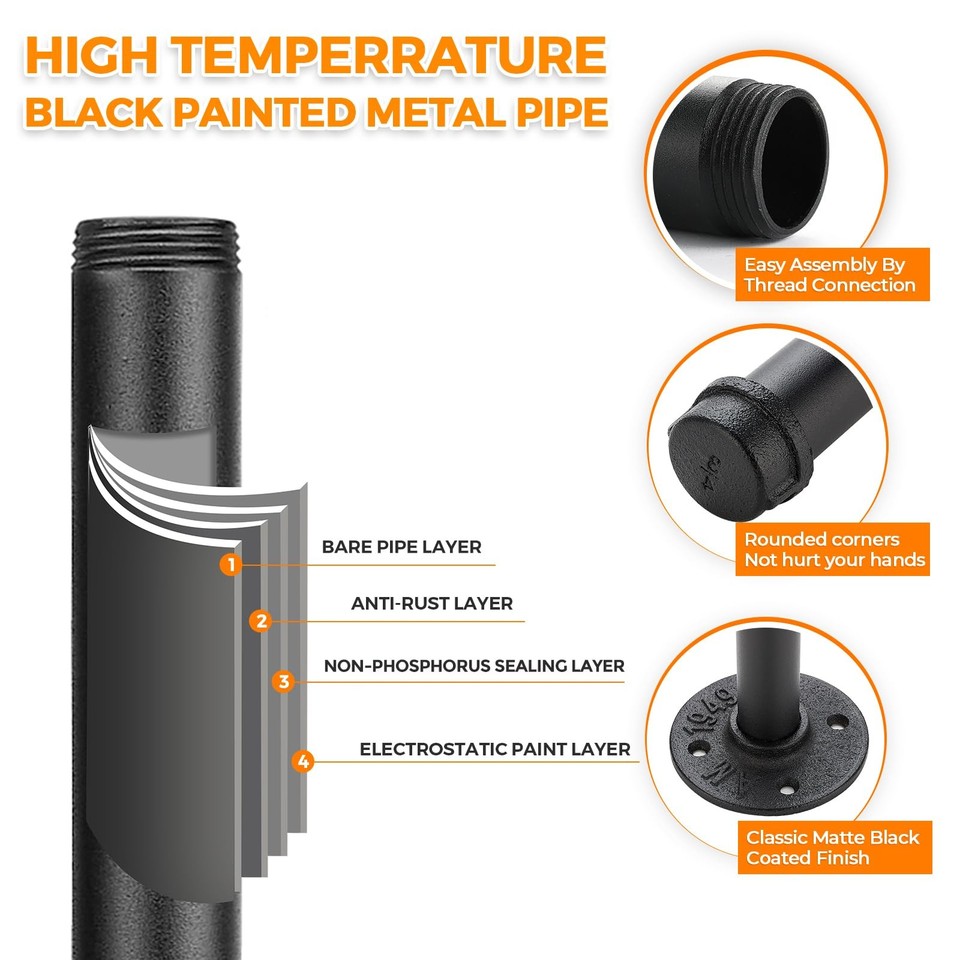 6 Inch Black Industrial Pipe Floating Clothing Rack Wall Mounted, Heavy ...