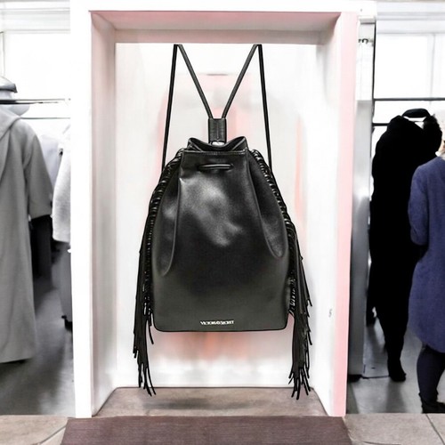 Victoria's Secret Black Fringed Drawstring Weekender Backpack $85 NWT ...