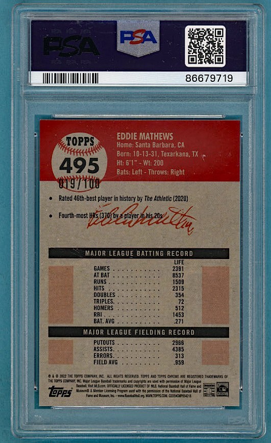 2022 Topps Chrome Platinum Ann Eddie Mathews Fuchsia Atomic Ref /100 ...