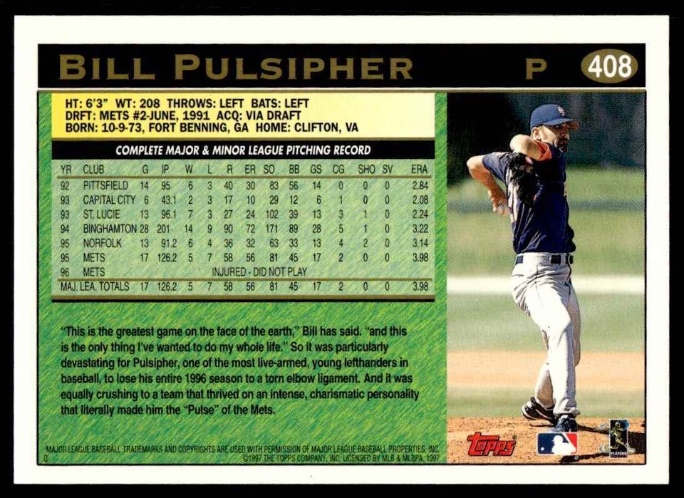 1997 Topps Baseball Card Bill Pulsipher New York Mets #408 | eBay