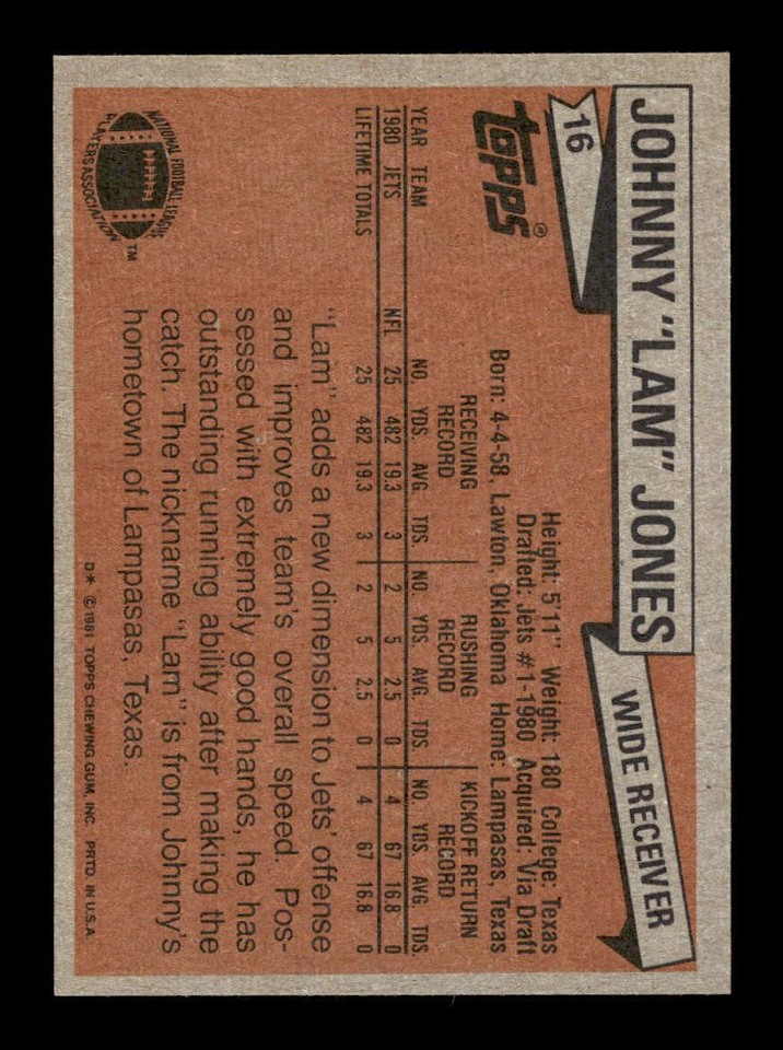 1981 Topps #16 Johnny "Lam" Jones New York Jets Rookie RC NM-MT Card ...