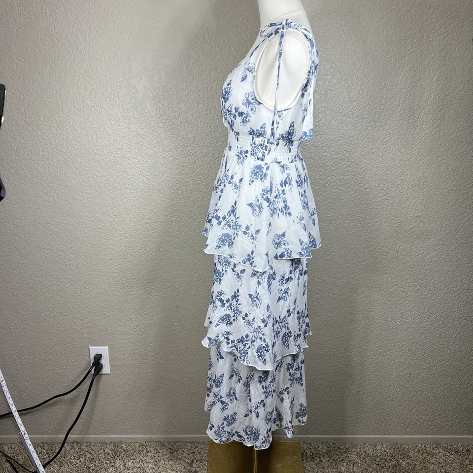J GEE Dress Womens White Blue Floral Sleeveless Maxi Smocked Waist Boho ...