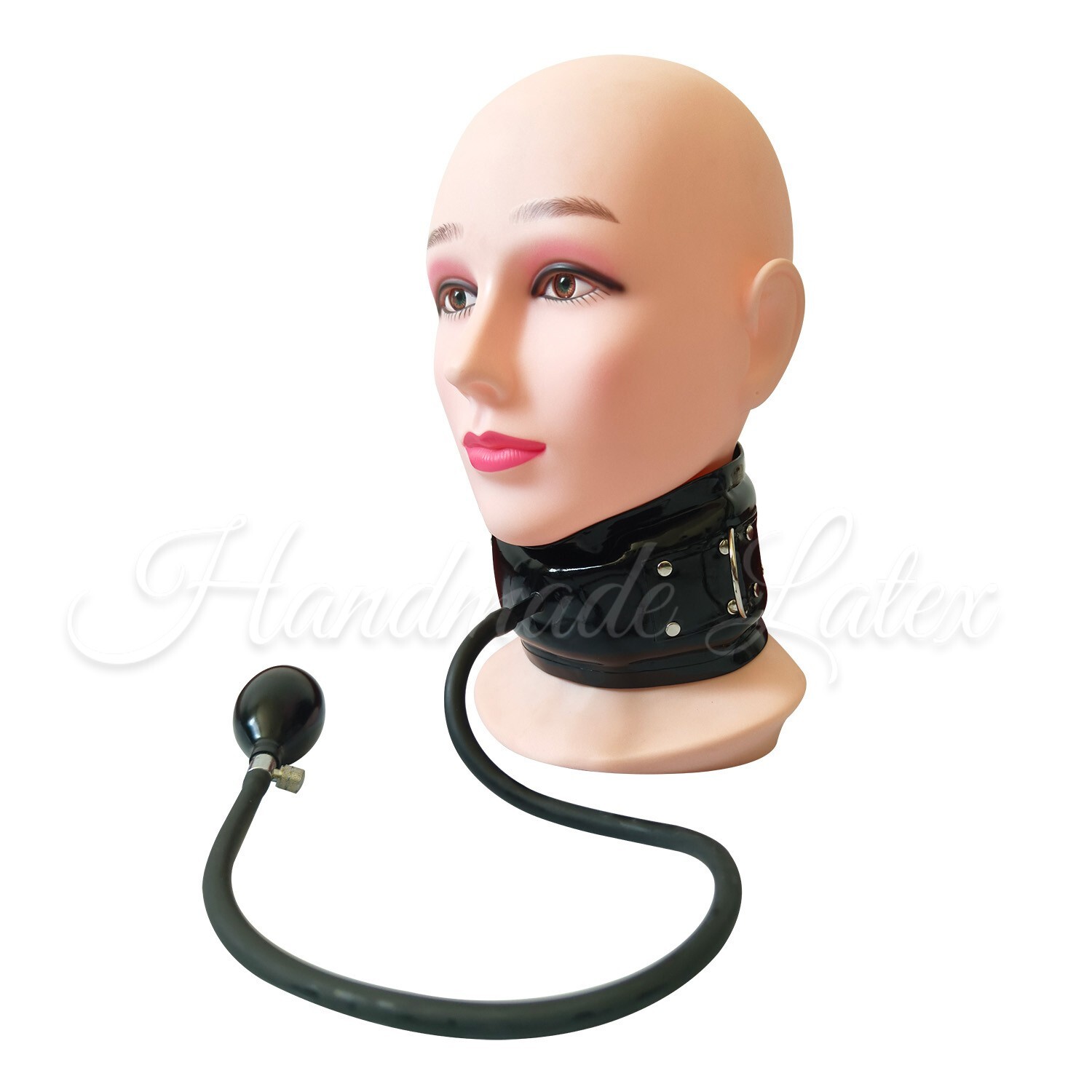 Black latex neck corset with silver trim, inflatable cuff, and smooth ...