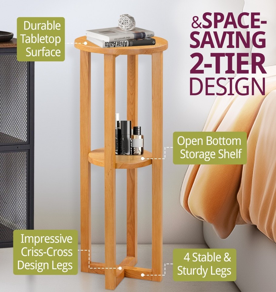 Round Plant Stand, Slim Tall Side Table, Wood Storage Tower Shelf in ...