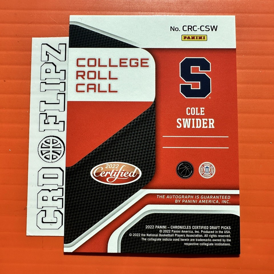 2022-23 Panini Chronicles Draft Picks Cole Swider #CRC-CSW Rookie Auto ...