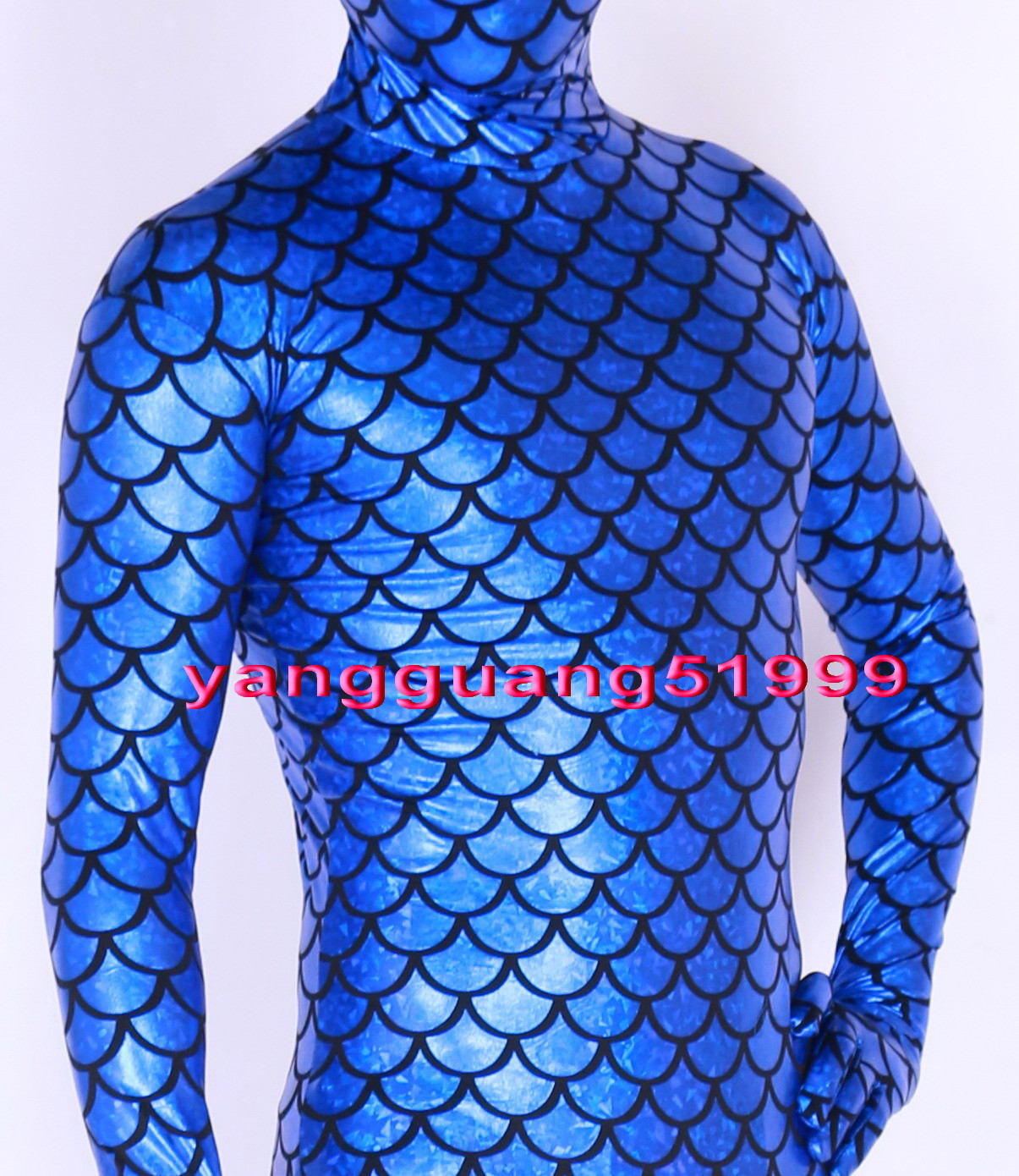 Unisex Shiny Metallic Fish-Scale Suit Catsuit Costumes Full Bodysuit ...
