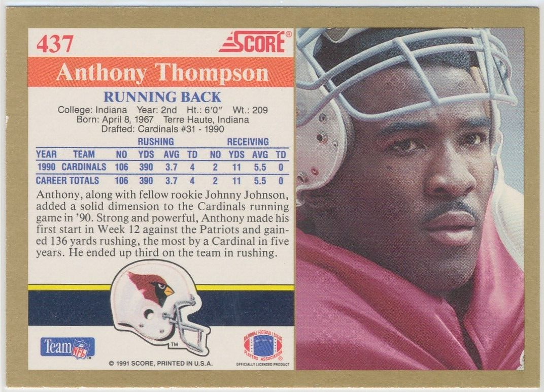 Anthony Thompson - Phoenix Cardinals - 1991 Score Football - Base ...