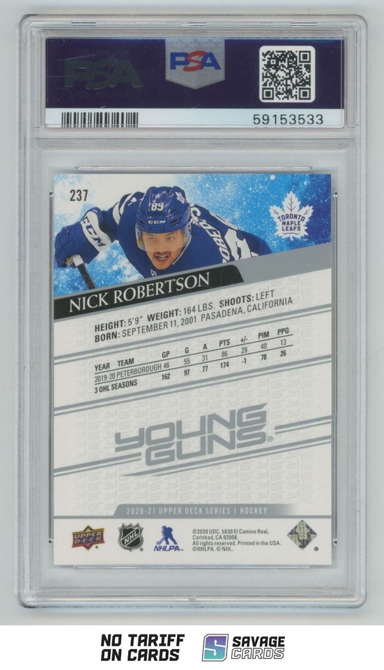 2020-21 Upper Deck Young Guns Nick Robertson PSA 10 #237 Toronto Maple ...