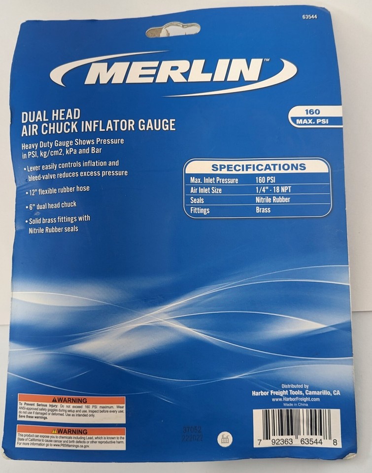 Merlin Dual Head Air Chuck Tire Inflator Gauge 160 Psi Max Pressure NEW ...