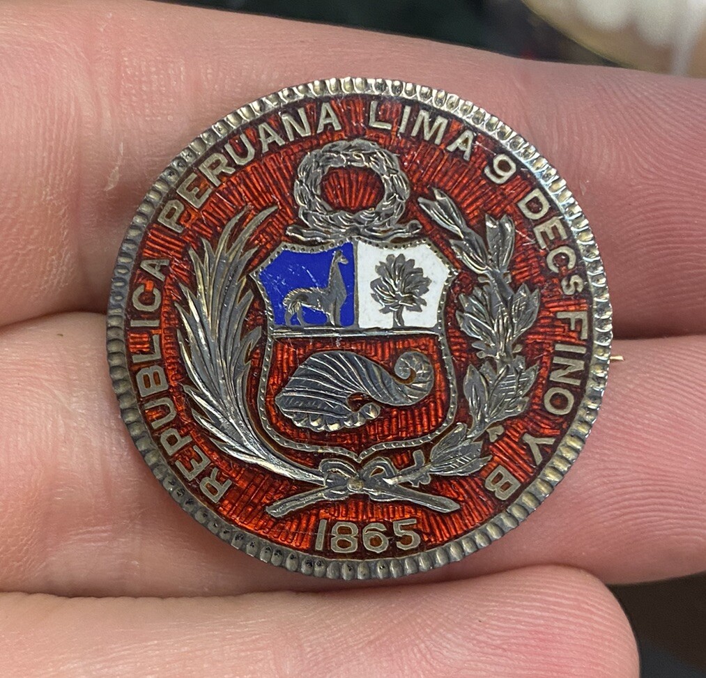 1865 Peru 1/2 Sol Colorized Silver Brooch Pin*** | eBay