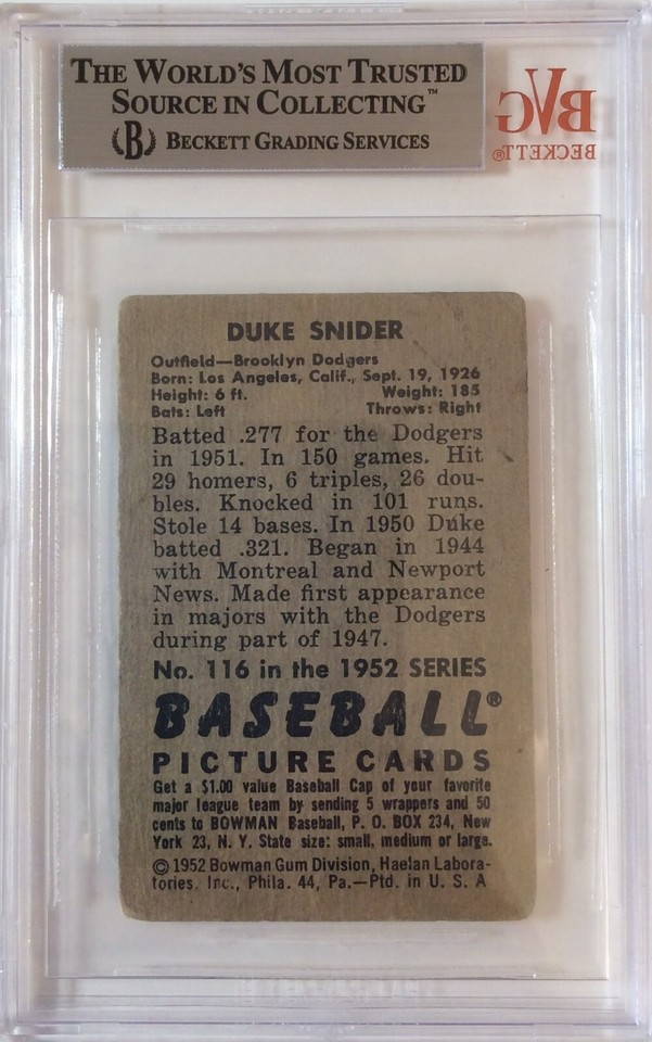 1952 BOWMAN DUKE SNIDER ROOKIE #116 AUTOGRAPH - BVG AUTHENTIC | eBay