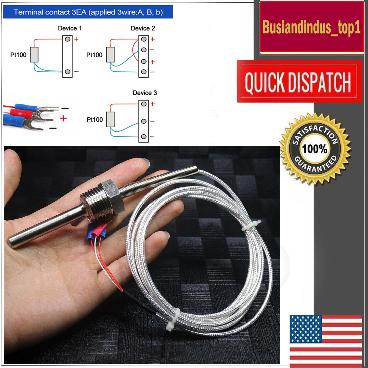 RTD Pt100 Temperature Sensor Probe 1/2" NPT Thread with Connector 2M ...