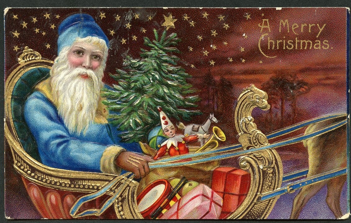 BLUE ROBED SANTA CLAUS - A MERRY CHRISTMAS - c1910 EMBOSSED Postcard ...