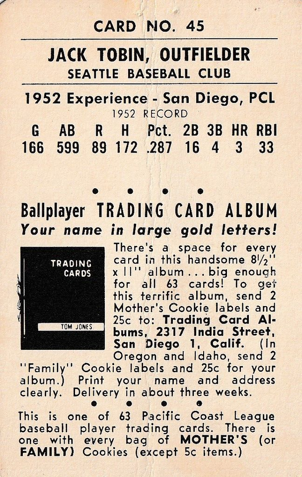 JACK TOBIN /seattle RAINERS-1953 MOTHER'S COOKIES "pcl" BASEBALL card/F ...