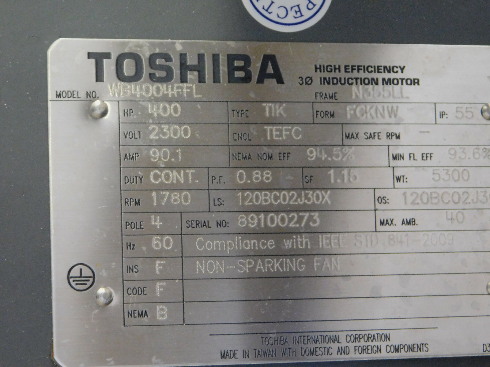 400 HP NEW Toshiba Electric Motor 2300 Volts, 1780 RPM, N355LL Frame ...
