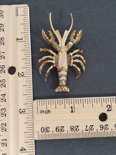 VINATAGE DAMASCENE LOBSTER BROOCH PIN SIGNED SPAIN very unique goldtone ...