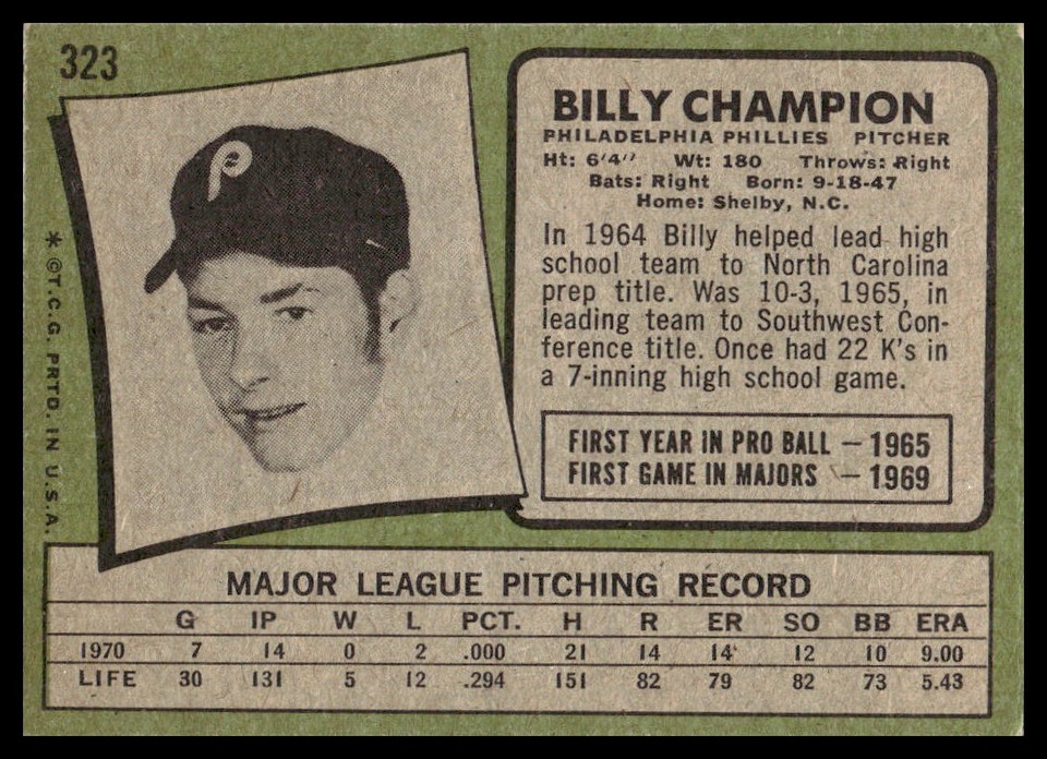 1971 Topps #323 Billy Champion Philadelphia Phillies VG-VGEX | eBay